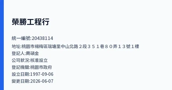 榮勝工程行的照片-統編 20438114(桃園市) 公司登記資料與營業項目詳細圖表