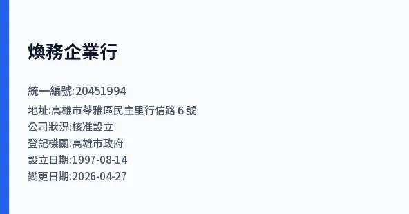 煥務企業行的照片-統編 20451994(高雄市) 公司登記資料與營業項目詳細圖表