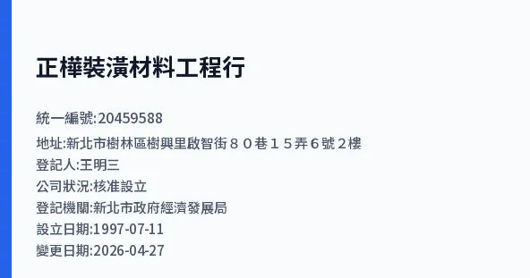 正樺裝潢材料工程行的照片-統編 20459588(新北市) 公司登記資料與營業項目詳細圖表