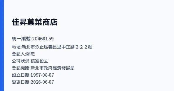 佳昇菓菜商店的照片-統編 20468159(新北市) 公司登記資料與營業項目詳細圖表