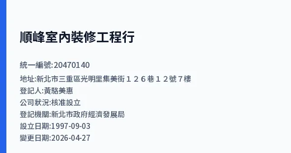 順峰室內裝修工程行的照片-統編 20470140(新北市) 公司登記資料與營業項目詳細圖表