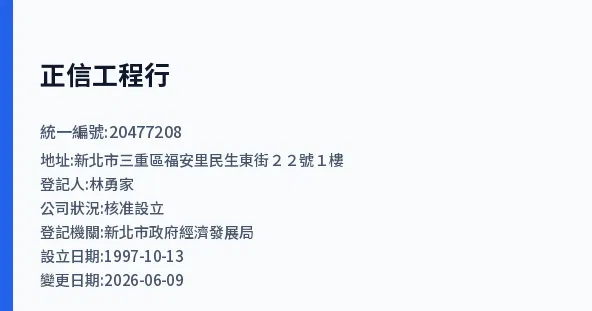 正信工程行的照片-統編 20477208(新北市) 公司登記資料與營業項目詳細圖表