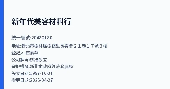 新年代美容材料行的照片-統編 20480180(新北市) 公司登記資料與營業項目詳細圖表