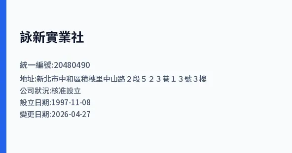 詠新實業社的照片-統編 20480490(新北市) 公司登記資料與營業項目詳細圖表