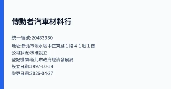 傳動者汽車材料行的照片-統編 20483980(新北市) 公司登記資料與營業項目詳細圖表