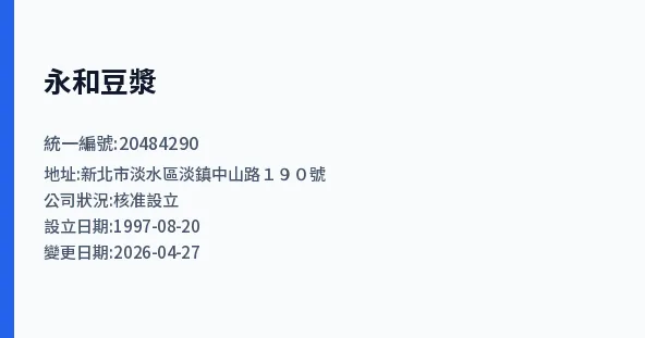 永和豆漿的照片-統編 20484290(新北市) 公司登記資料與營業項目詳細圖表