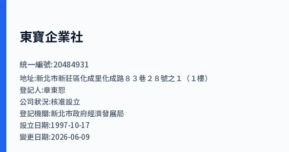 東寶企業社的照片-統編 20484931(新北市) 公司登記資料與營業項目詳細圖表