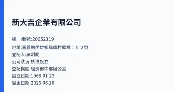 新大吉企業有限公司的照片-統編 20652319(嘉義縣) 公司登記資料與營業項目詳細圖表