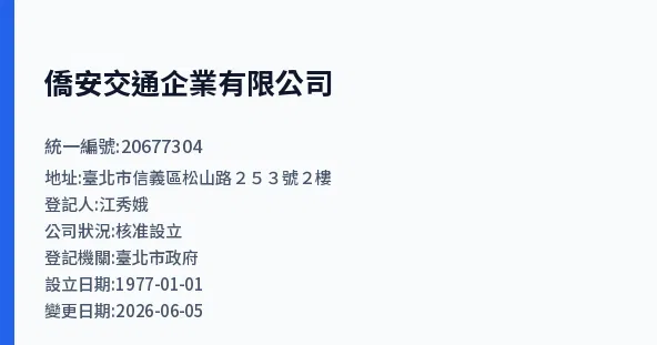 僑安交通企業有限公司的照片-統編 20677304(臺北市) 公司登記資料與營業項目詳細圖表