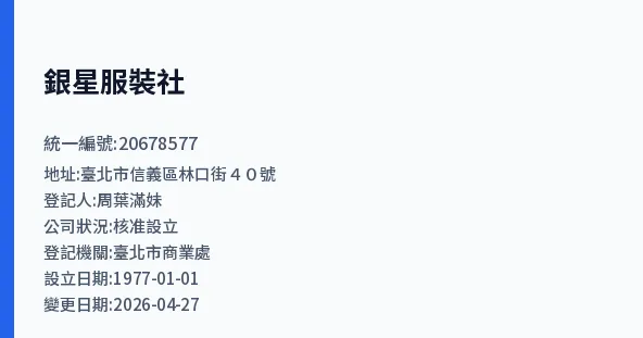 銀星服裝社的照片-統編 20678577(臺北市) 公司登記資料與營業項目詳細圖表