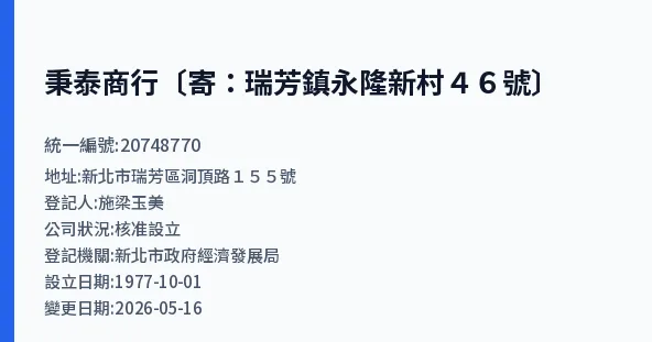秉泰商行〔寄:瑞芳鎮永隆新村46號〕的照片-統編 20748770(新北市) 公司登記資料與營業項目詳細圖表