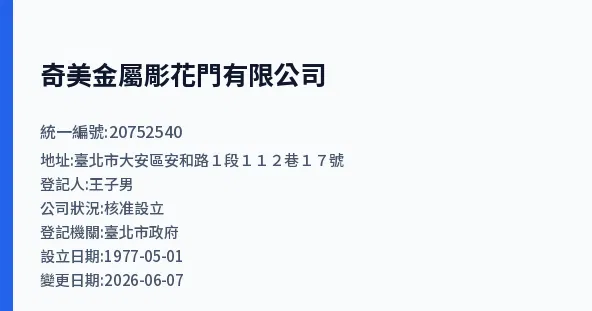 奇美金屬彫花門有限公司的照片-統編 20752540(臺北市) 公司登記資料與營業項目詳細圖表