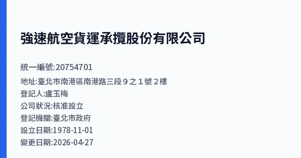 強速航空貨運承攬股份有限公司的照片-統編 20754701(臺北市) 公司登記資料與營業項目詳細圖表