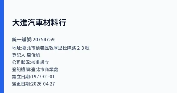 大進汽車材料行的照片-統編 20754759(臺北市) 公司登記資料與營業項目詳細圖表