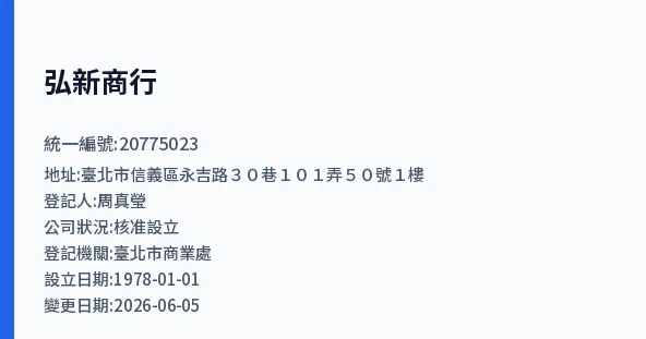 弘新商行的照片-統編 20775023(臺北市) 公司登記資料與營業項目詳細圖表