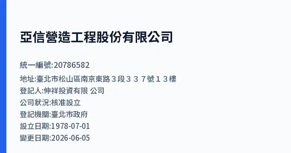 亞信營造工程股份有限公司的照片-統編 20786582(臺北市) 公司登記資料與營業項目詳細圖表