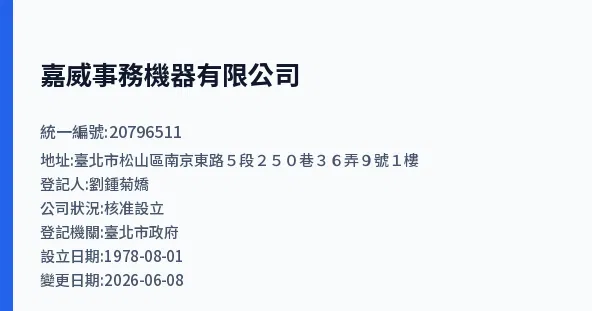 嘉威事務機器有限公司的照片-統編 20796511(臺北市) 公司登記資料與營業項目詳細圖表