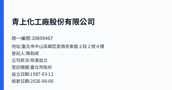 青上化工廠股份有限公司的照片-統編 20809467(臺北市) 公司登記資料與營業項目詳細圖表