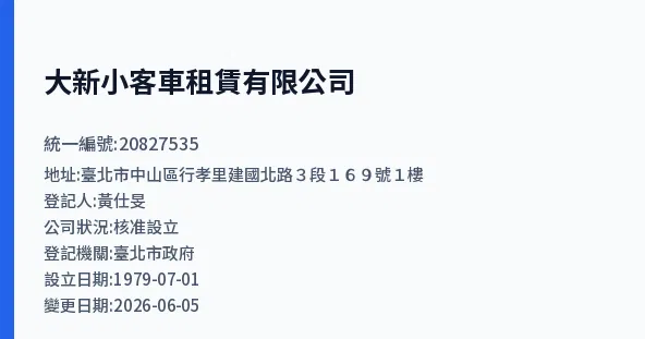 大新小客車租賃有限公司的照片-統編 20827535(臺北市) 公司登記資料與營業項目詳細圖表