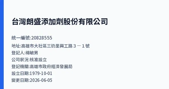 台灣朗盛添加劑股份有限公司的照片-統編 20828555(高雄市) 公司登記資料與營業項目詳細圖表