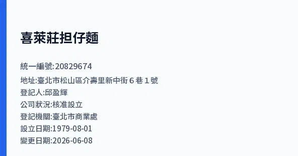 喜萊莊担仔麵的照片-統編 20829674(臺北市) 公司登記資料與營業項目詳細圖表