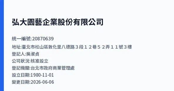 弘大園藝企業股份有限公司的照片-統編 20870639(臺北市) 公司登記資料與營業項目詳細圖表