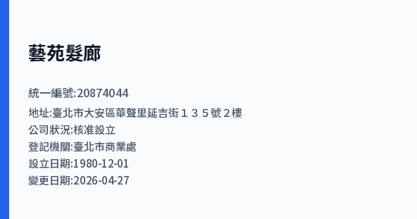 藝苑髮廊的照片-統編 20874044(臺北市) 公司登記資料與營業項目詳細圖表