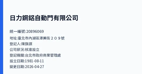 日力鋼鋁自動門有限公司的照片-統編 20896069(臺北市) 公司登記資料與營業項目詳細圖表