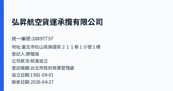 弘昇航空貨運承攬有限公司的照片-統編 20897757(臺北市) 公司登記資料與營業項目詳細圖表