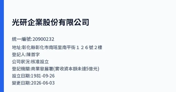 光研企業股份有限公司的照片-統編 20900232(彰化縣) 公司登記資料與營業項目詳細圖表