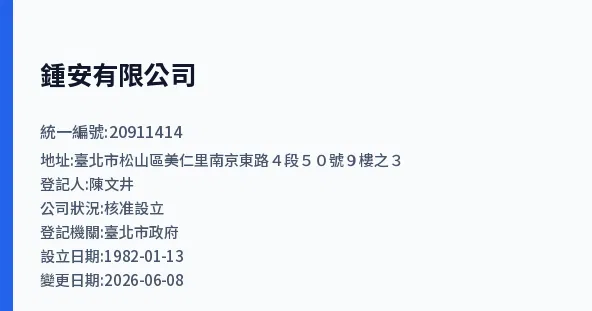 鍾安有限公司的照片-統編 20911414(臺北市) 公司登記資料與營業項目詳細圖表