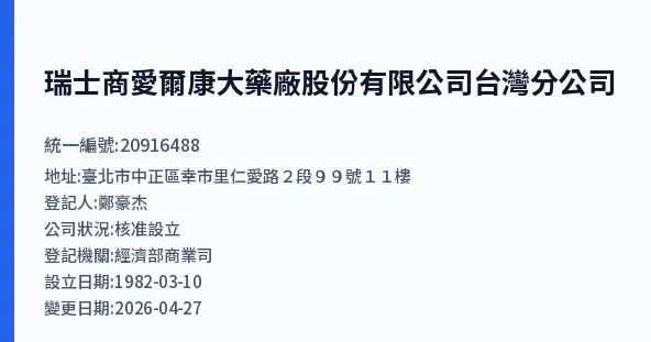 瑞士商愛爾康大藥廠股份有限公司台灣分公司的照片-統編 20916488(臺北市) 公司登記資料與營業項目詳細圖表