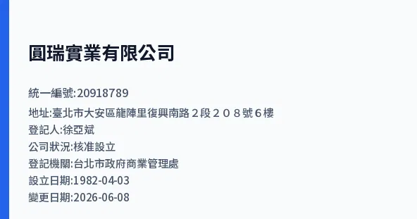 圓瑞實業有限公司的照片-統編 20918789(臺北市) 公司登記資料與營業項目詳細圖表