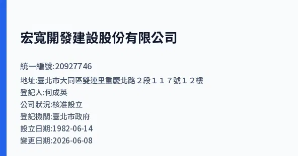 宏寬開發建設股份有限公司的照片-統編 20927746(臺北市) 公司登記資料與營業項目詳細圖表