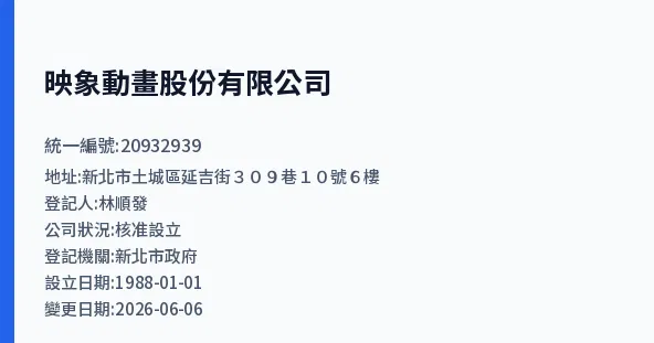 映象動畫股份有限公司的照片-統編 20932939(新北市) 公司登記資料與營業項目詳細圖表