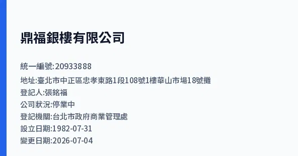 鼎福銀樓有限公司的照片-統編 20933888(臺北市) 公司登記資料與營業項目詳細圖表