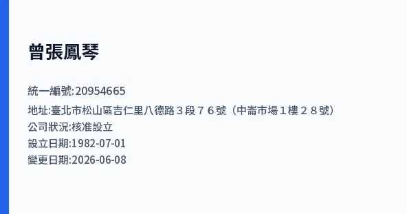 曾張鳳琴的照片-統編 20954665(臺北市) 公司登記資料與營業項目詳細圖表
