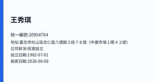 王秀琪的照片-統編 20954784(臺北市) 公司登記資料與營業項目詳細圖表