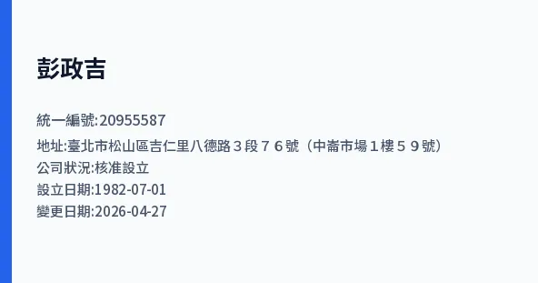 彭政吉的照片-統編 20955587(臺北市) 公司登記資料與營業項目詳細圖表