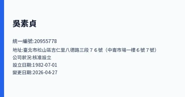 吳素貞的照片-統編 20955778(臺北市) 公司登記資料與營業項目詳細圖表