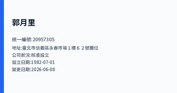 郭月里的照片-統編 20957305(臺北市) 公司登記資料與營業項目詳細圖表
