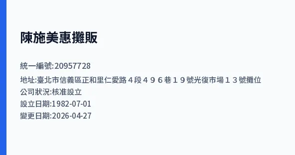 陳施美惠攤販的照片-統編 20957728(臺北市) 公司登記資料與營業項目詳細圖表