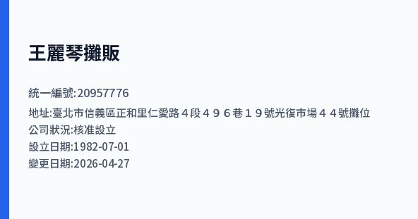 王麗琴攤販的照片-統編 20957776(臺北市) 公司登記資料與營業項目詳細圖表