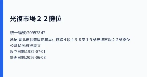 光復市場22攤位的照片-統編 20957847(臺北市) 公司登記資料與營業項目詳細圖表