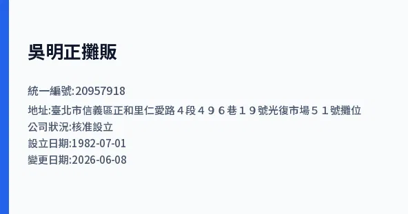 吳明正攤販的照片-統編 20957918(臺北市) 公司登記資料與營業項目詳細圖表