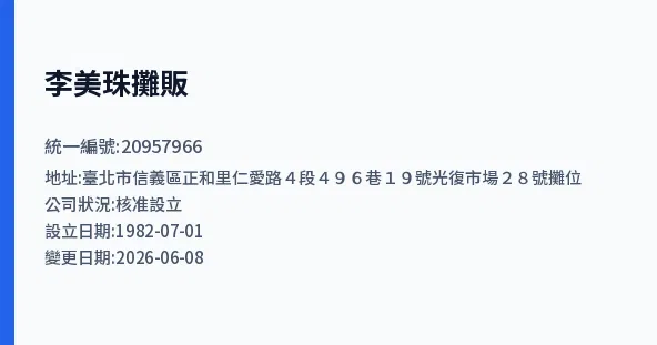 李美珠攤販的照片-統編 20957966(臺北市) 公司登記資料與營業項目詳細圖表