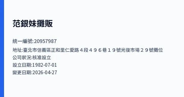 范銀妹攤販的照片-統編 20957987(臺北市) 公司登記資料與營業項目詳細圖表