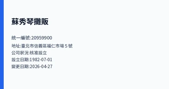 蘇秀琴攤販的照片-統編 20959900(臺北市) 公司登記資料與營業項目詳細圖表