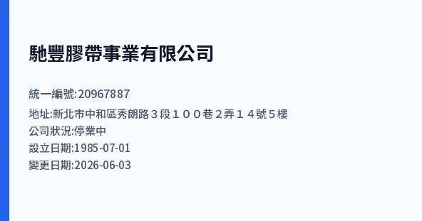 馳豐膠帶事業有限公司的照片-統編 20967887(新北市) 公司登記資料與營業項目詳細圖表