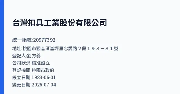 台灣扣具工業股份有限公司的照片-統編 20977392(桃園市) 公司登記資料與營業項目詳細圖表